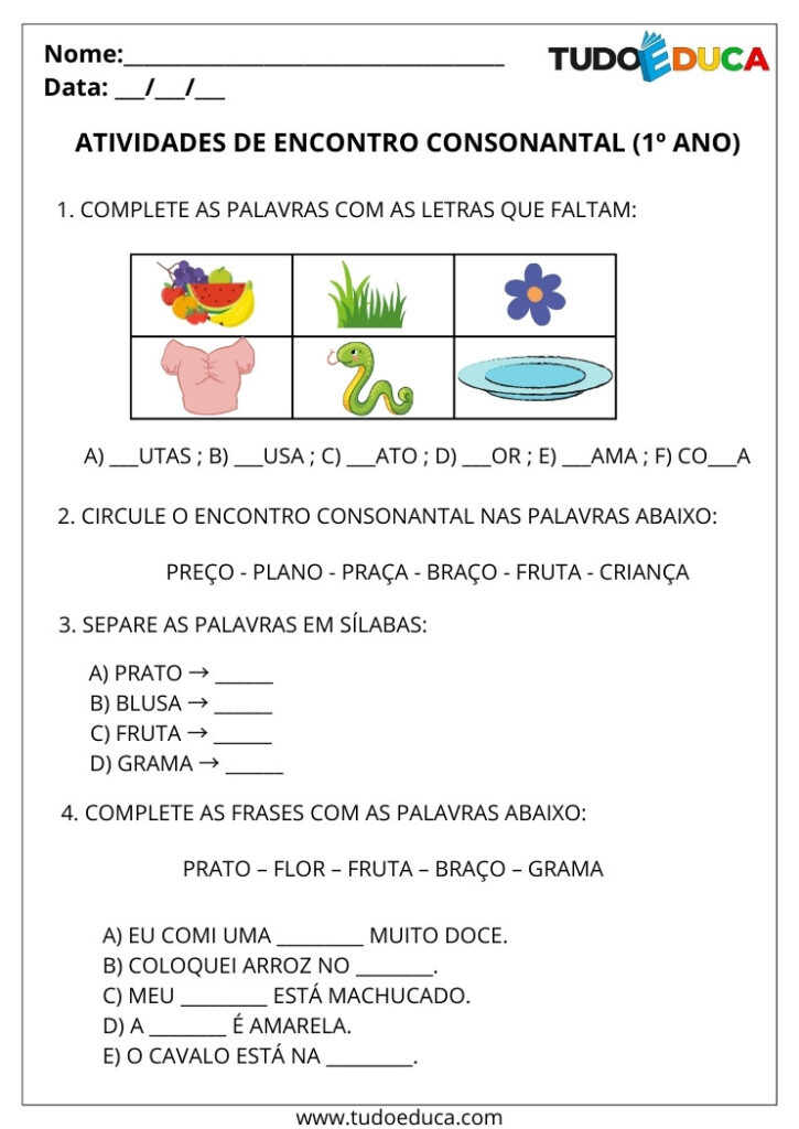4 Atividades de Português com Encontro Consonantal